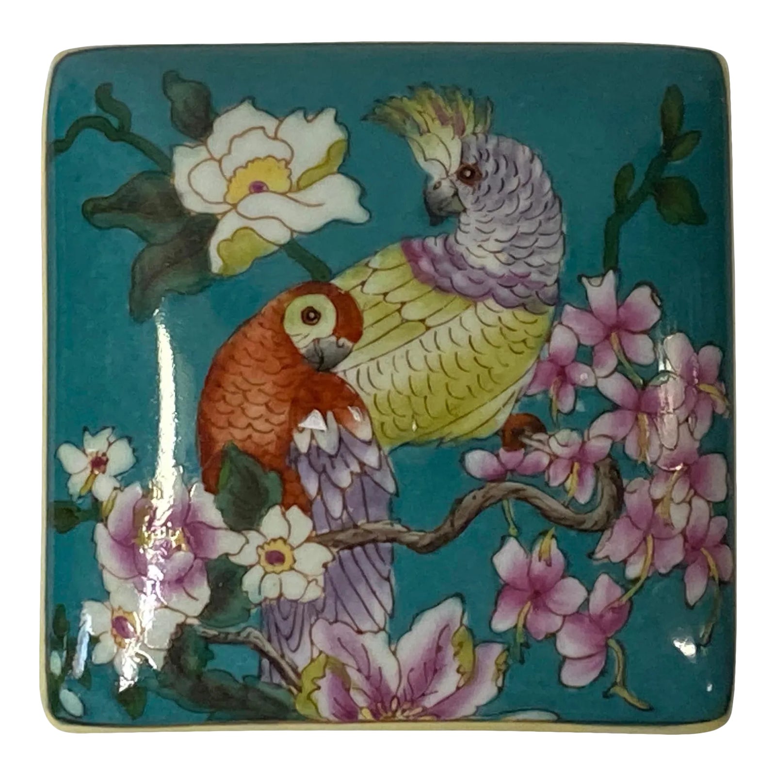 Contemporary Teal Flower Painting Square Porcelain Box - Jewelry Box ...
