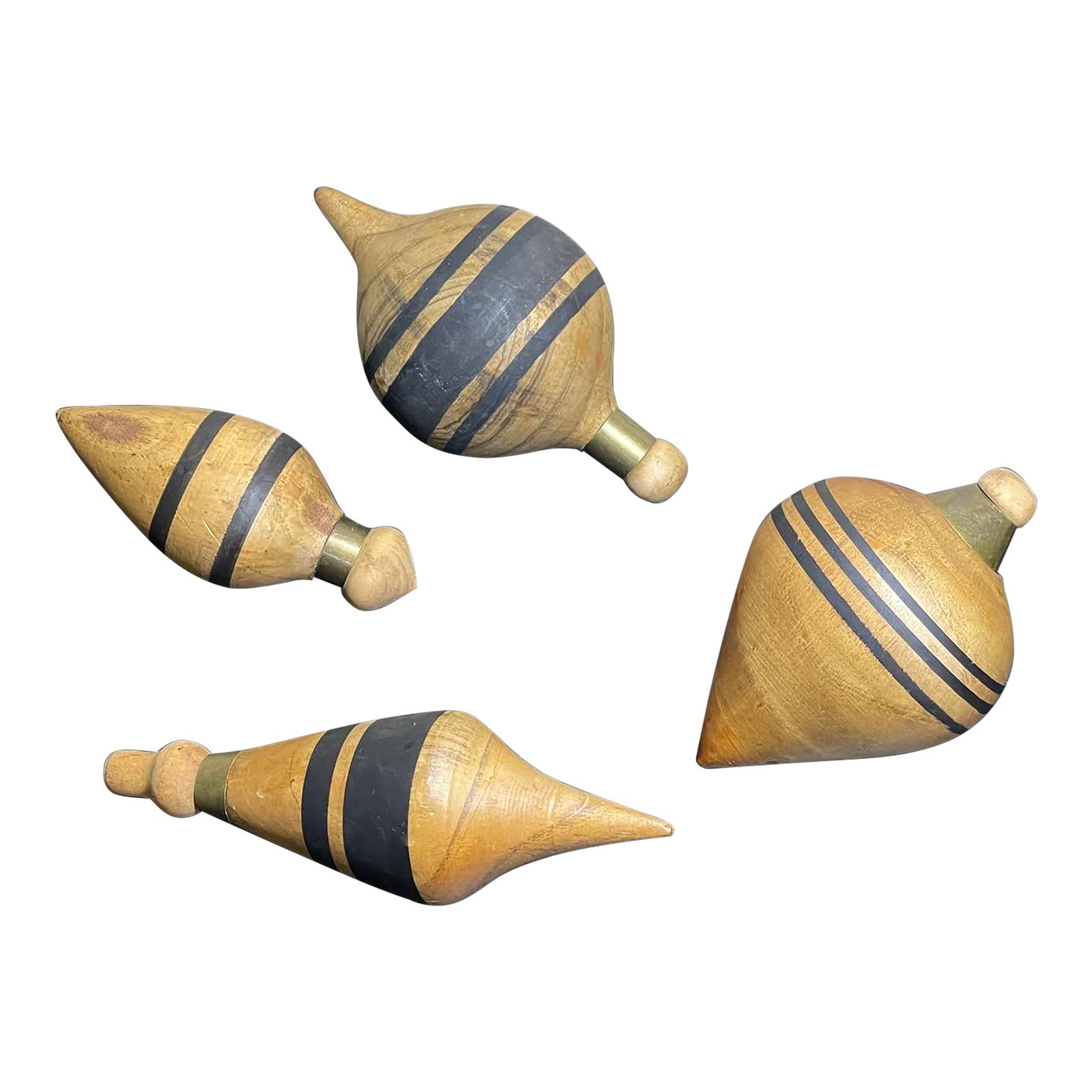 Set of 4 Antique Striped Wood & Brass Spinning Tops | Chairish