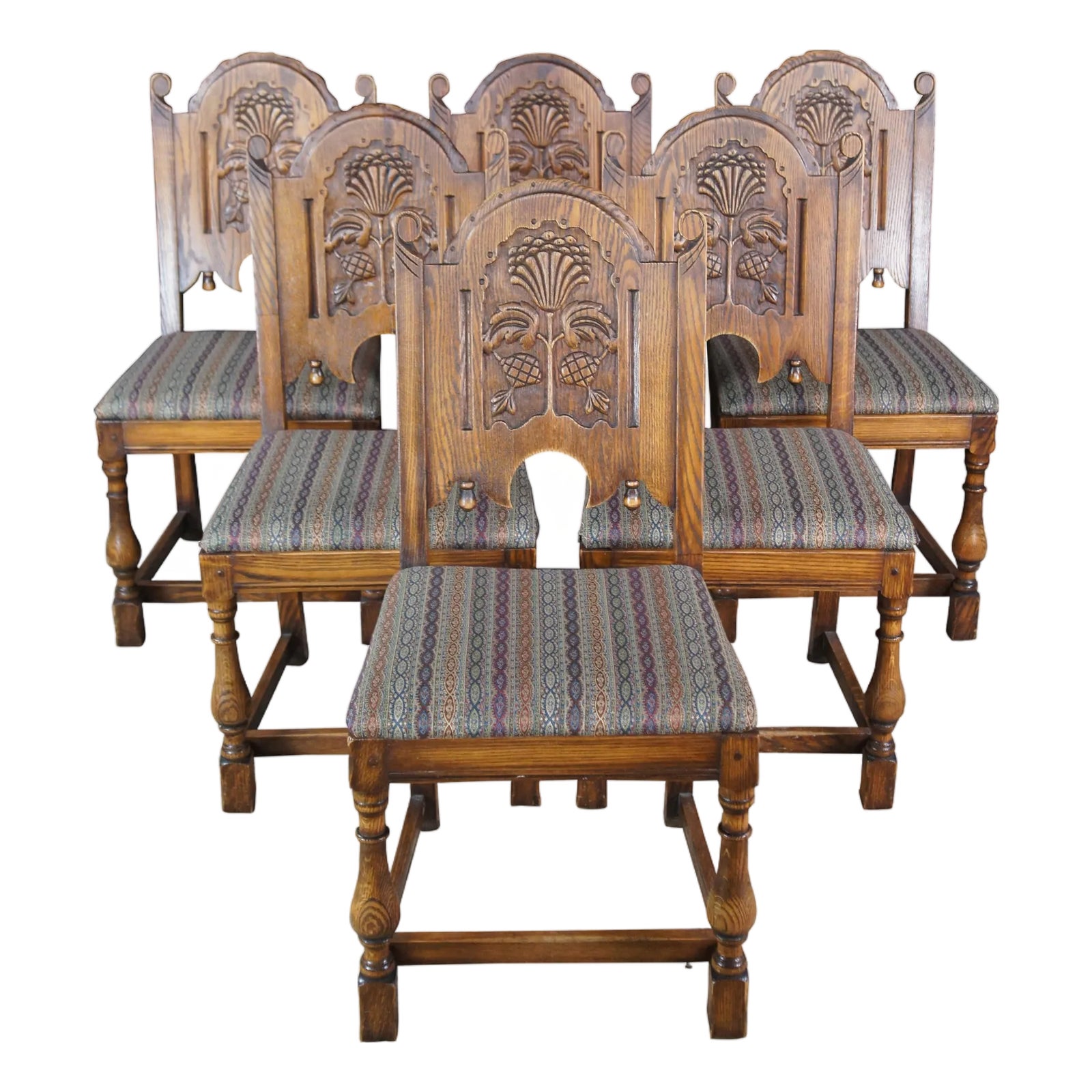 Antique Jamestown Lounge Jacobean Tudor Feudal Oak Dining Chairs- Set ...