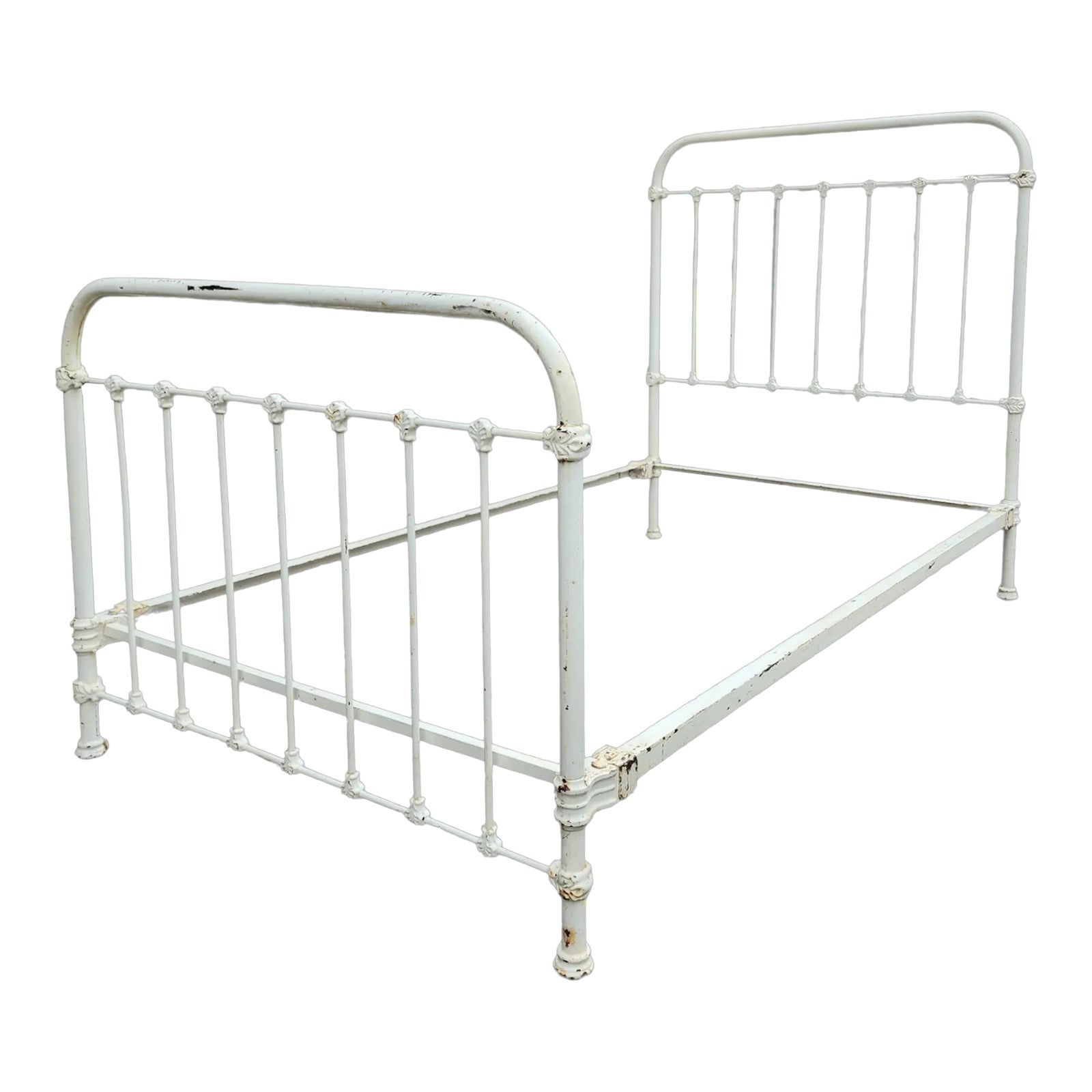 Antique Patinated Chippy White Painted Bedframe | Chairish