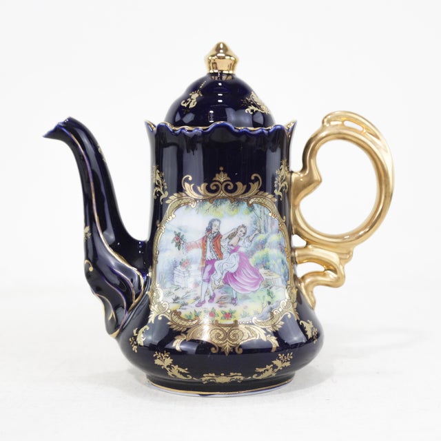 Vintage Cobalt Blue & Gold Porcelain Tea Set – Romantic Courting Scene | Chairish