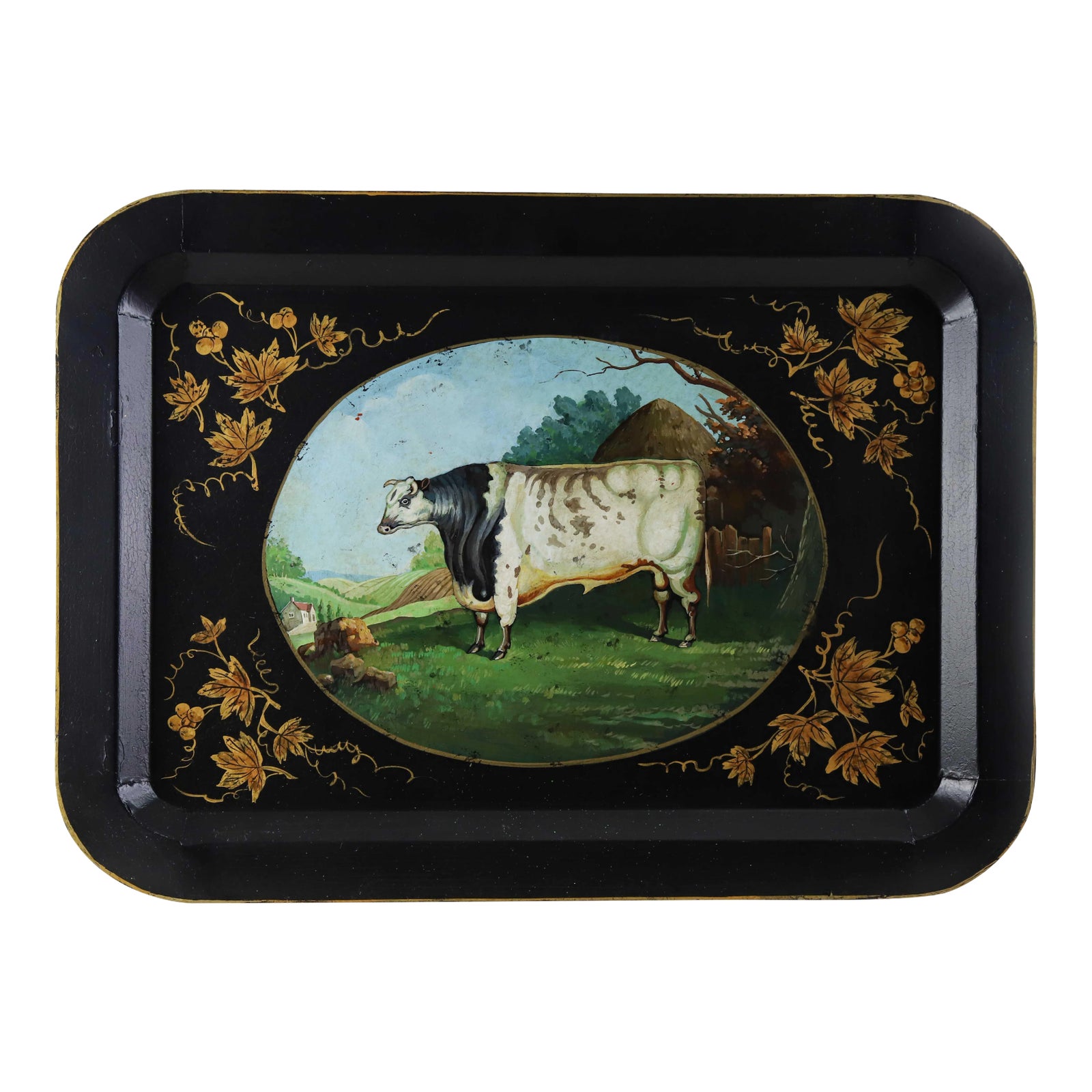 Vintage Farm Animal White Cow Tray | Chairish