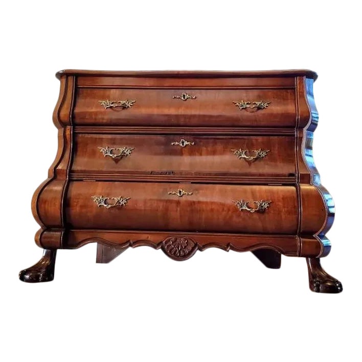 Antique French Mahogany Walnut Burl Bombe Low Commode | Chairish