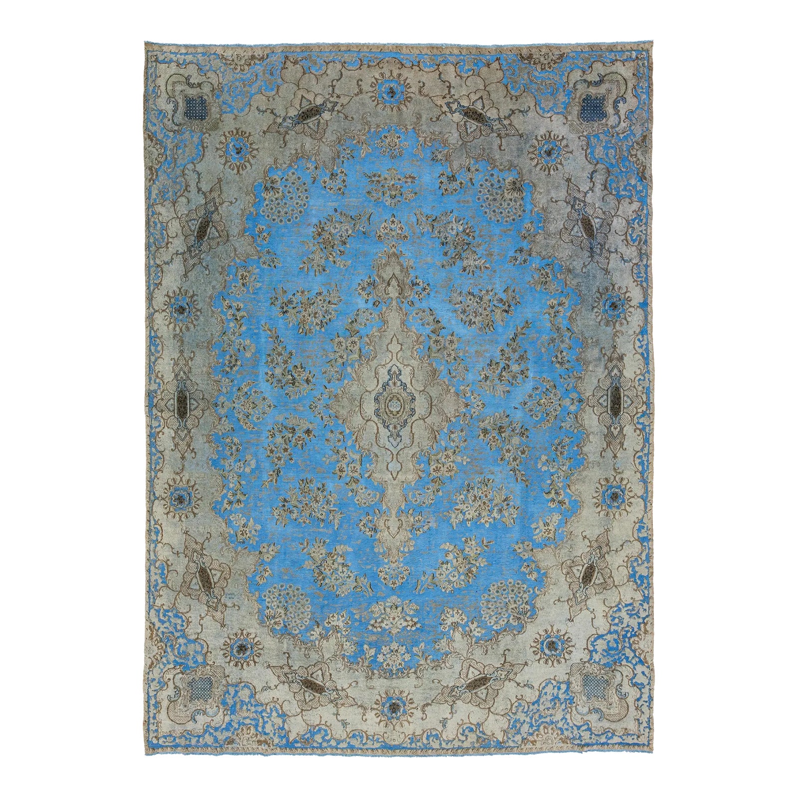 Light Blue Floral Antique Persian Overdyed Wool Rug With Medallion ...