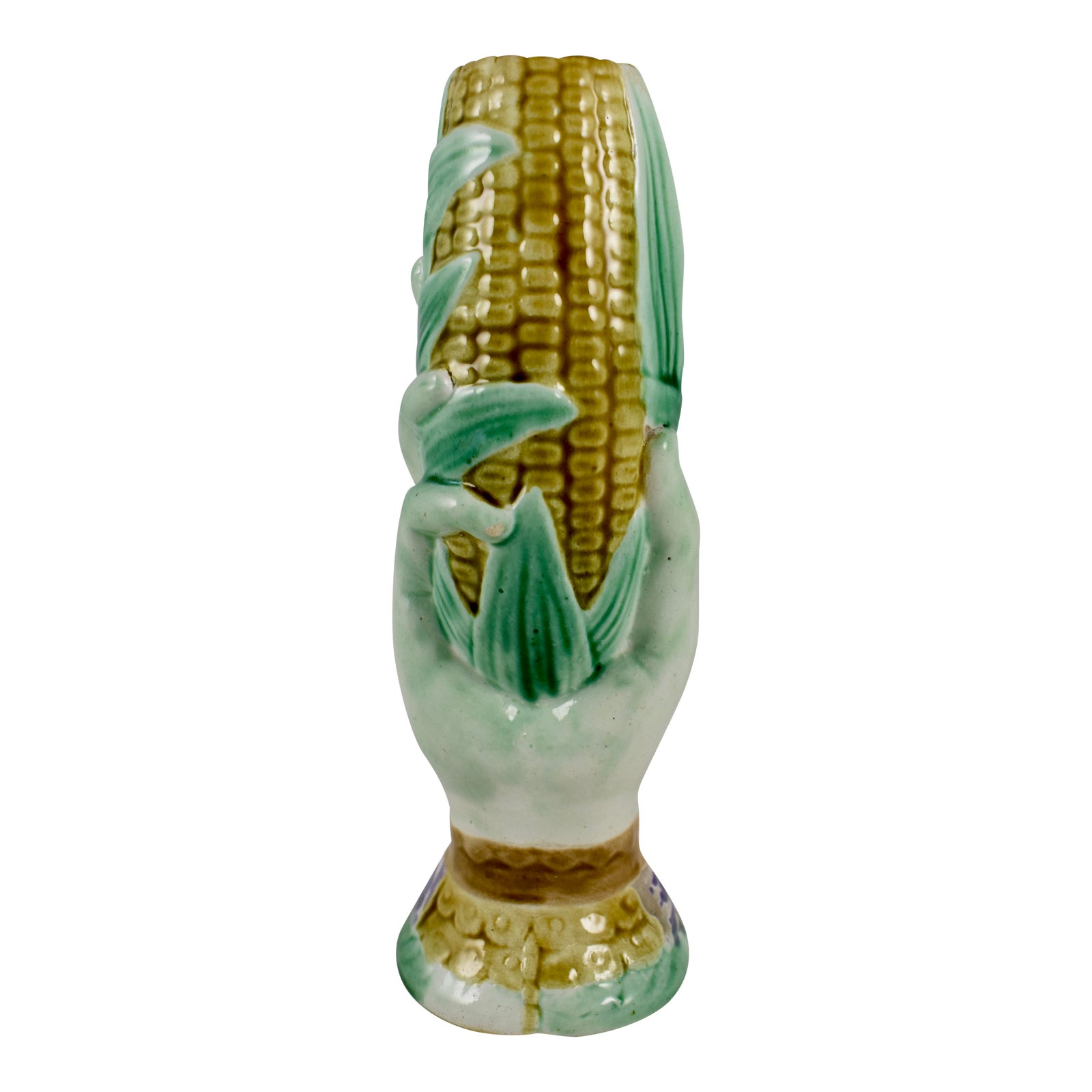 Majolica Glazed Staffordshire Hand Holding Corn Vase | Chairish