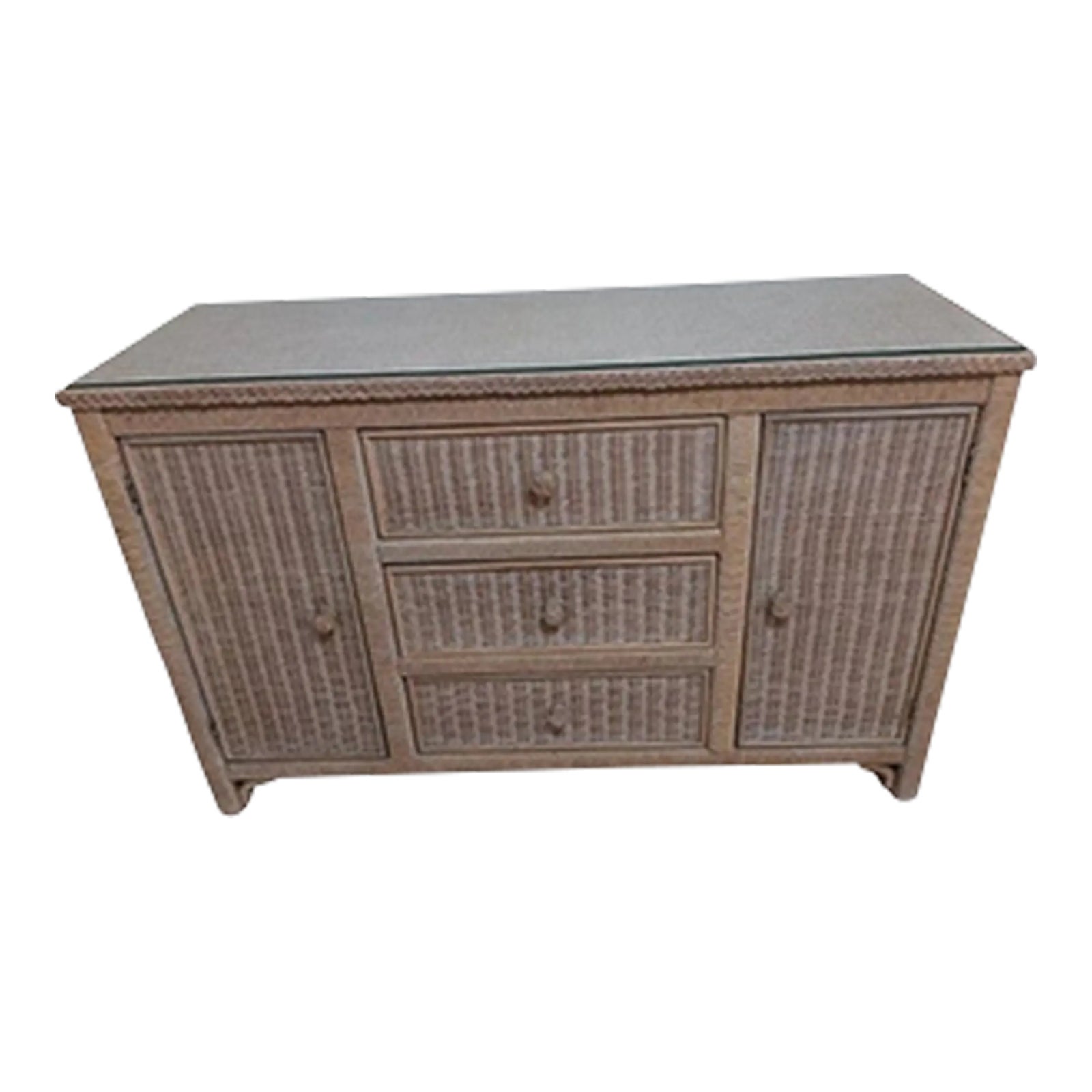 Vintage Buffet Server Henry Link 2 Door 3 Drawer Beige Glass Top | Chairish