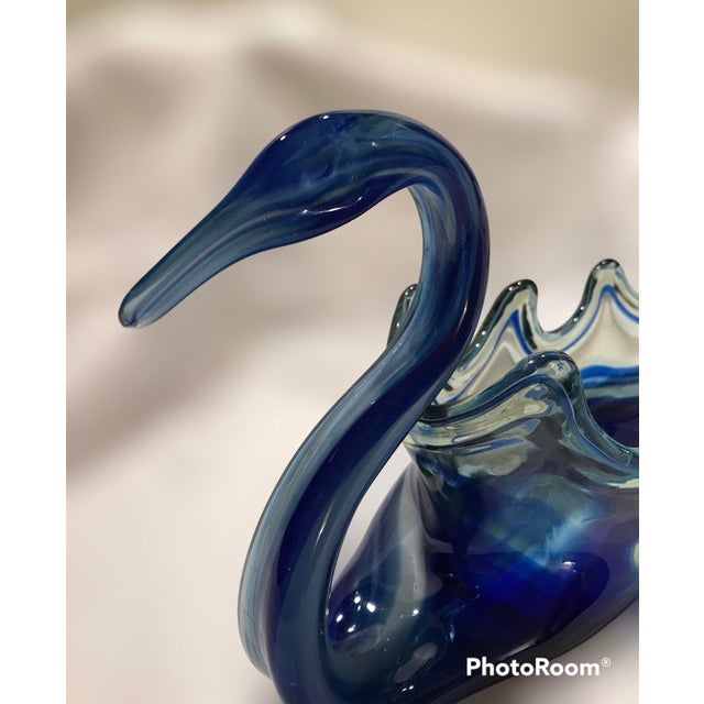 1970s Large Blue Hand-Blown Sooner Swan Slag Art Glass Large Decor Bowl ...