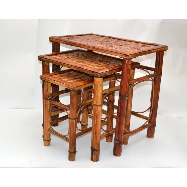 Chinoiserie Bamboo & Cane Nesting Tables / Stacking Tables Handcrafted ...