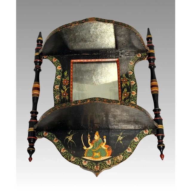 Anglo Indian Hand Painted Black Wall Shelf With Mirror & Indian Gods ...
