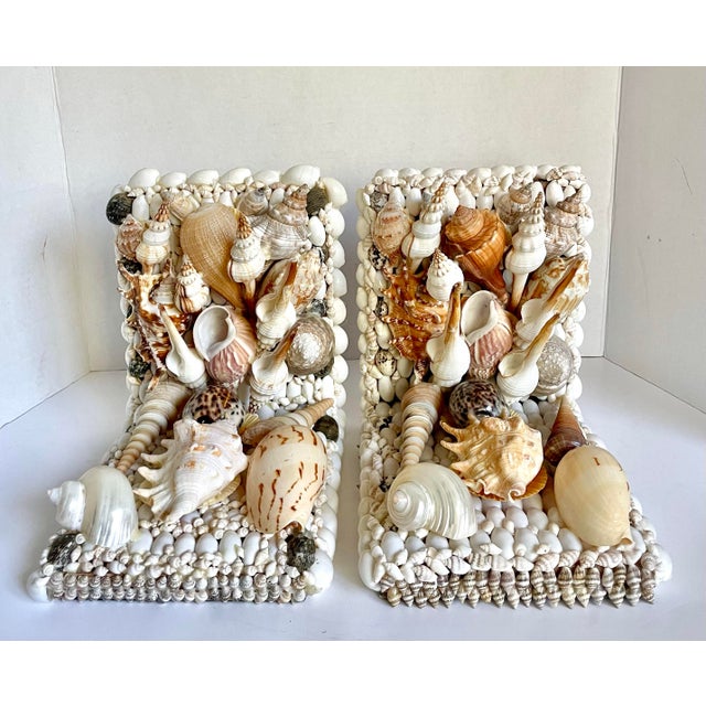 Vintage Tall Statement Shell Encrusted Bookends | Chairish