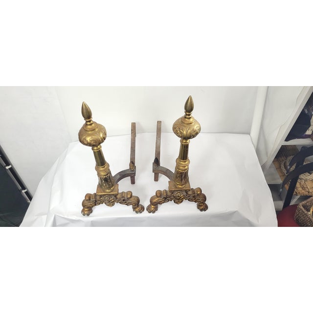 Vintage Gold Gilt Iron Andirons Fireplace Fire Dogs Holder Roses Feet ...