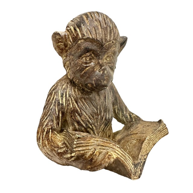 Sculpted Reading Monkey Book Ends - a Pair | Chairish