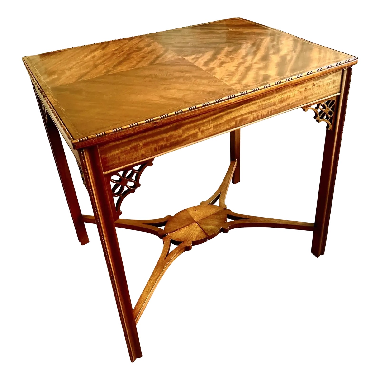 English Edwardian Period Fretwork Parquet Accent Table With Beaded ...
