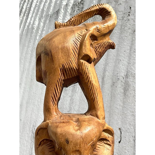 Vintage Boho Carved Wooden Elephant Stack Sculpture | Chairish