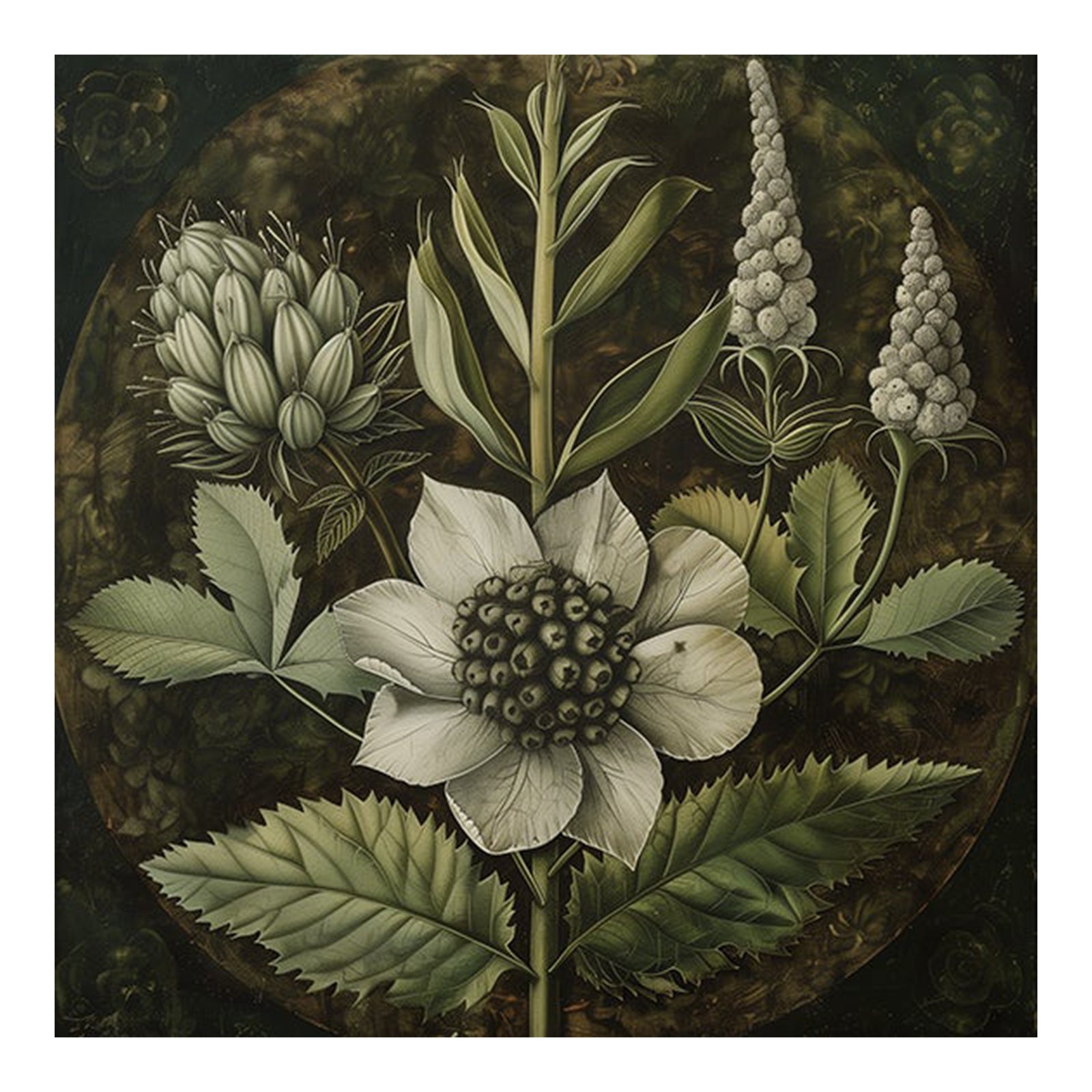 Original Botanical Print - Dark Green Grisaille | Chairish