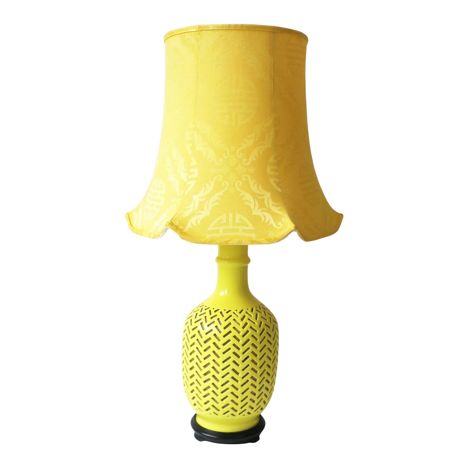 Bright Yellow Ceramic Chevron Chinoiserie Table or Desk Lamp With Silk ...