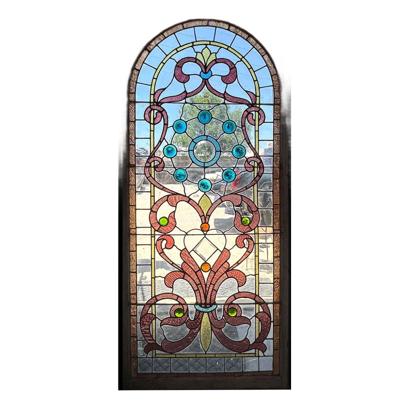 Large American William A. Lang Stained, Leaded, Jewelled Glass Arched ...