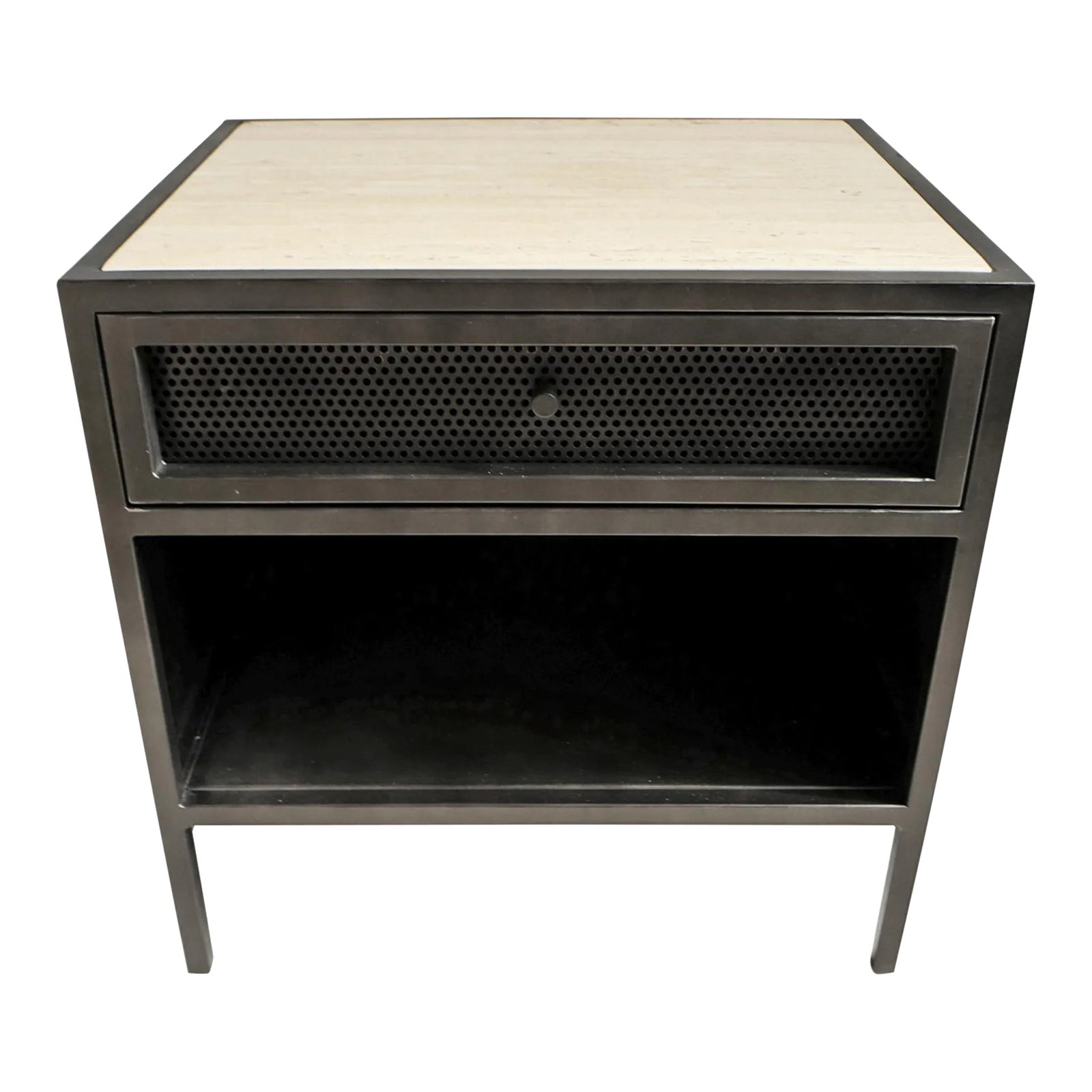 Iron & Travertine Nightstand / Side Cabinet | Chairish