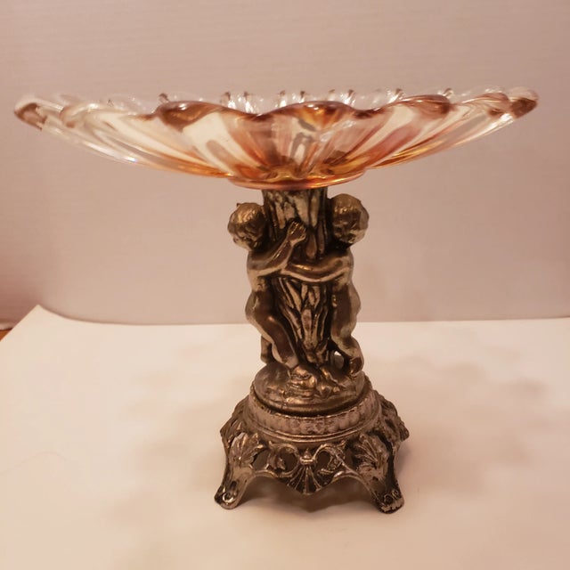 Antique Art Deco Cherub Metal & Pink Glass Compote | Chairish