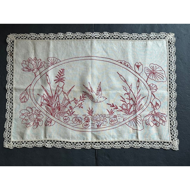 Antique Red Work Embroidery Panel | Chairish