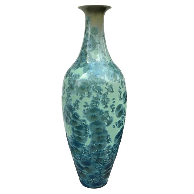 Large Hand Thrown Turquoise and Cyan Crystalline Glazed Vase | Chairish