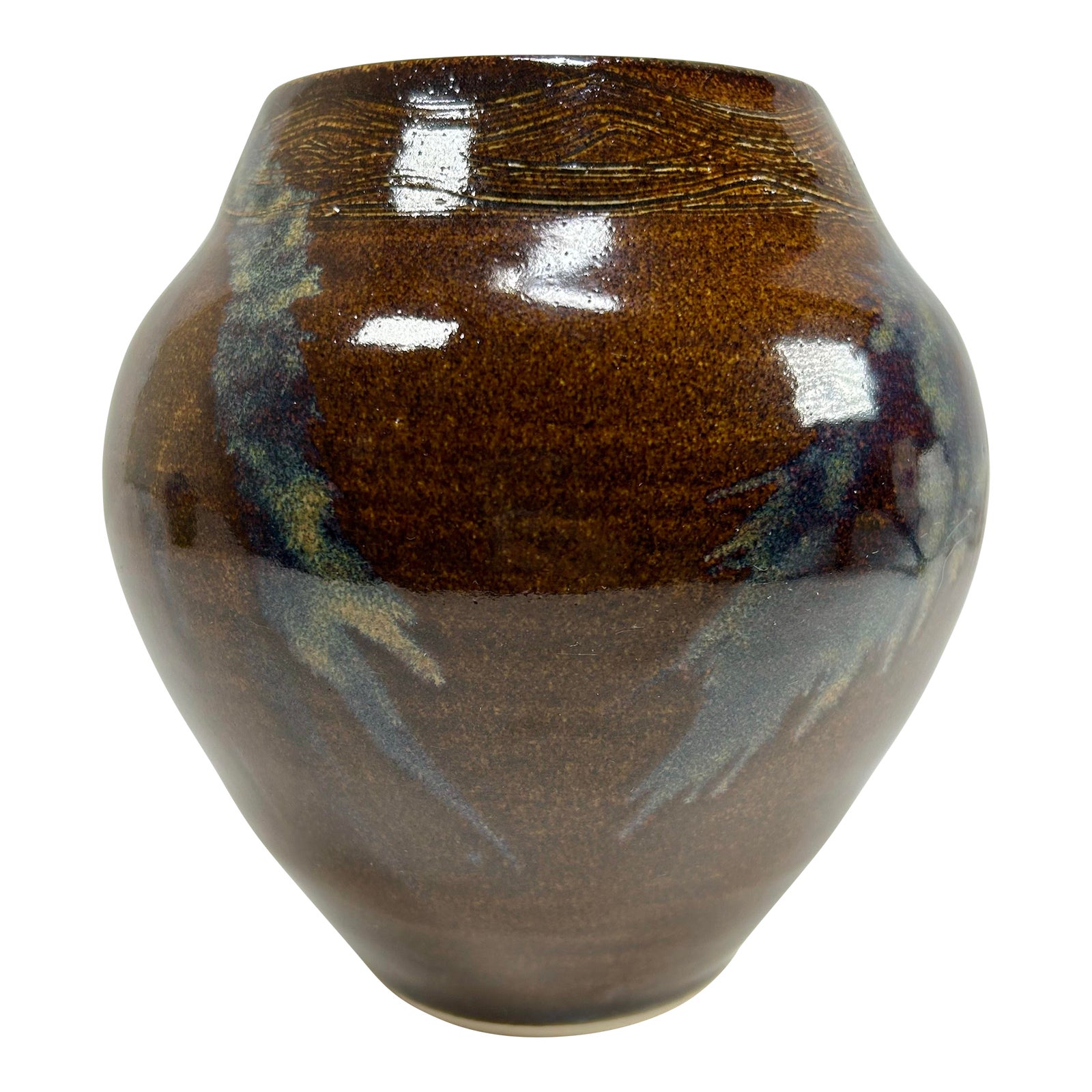 Vintage 1990 Nc Studio Sally Larson Art Pottery Brown Blue Flower Stone ...