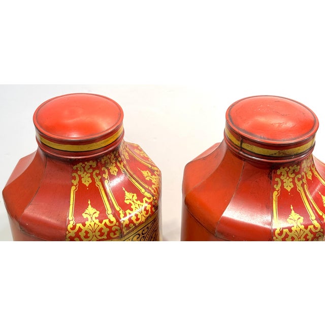 Pair of English Regency Red Tôle & Gilt Chinoiserie Tea Caddies, Nos. 2 ...