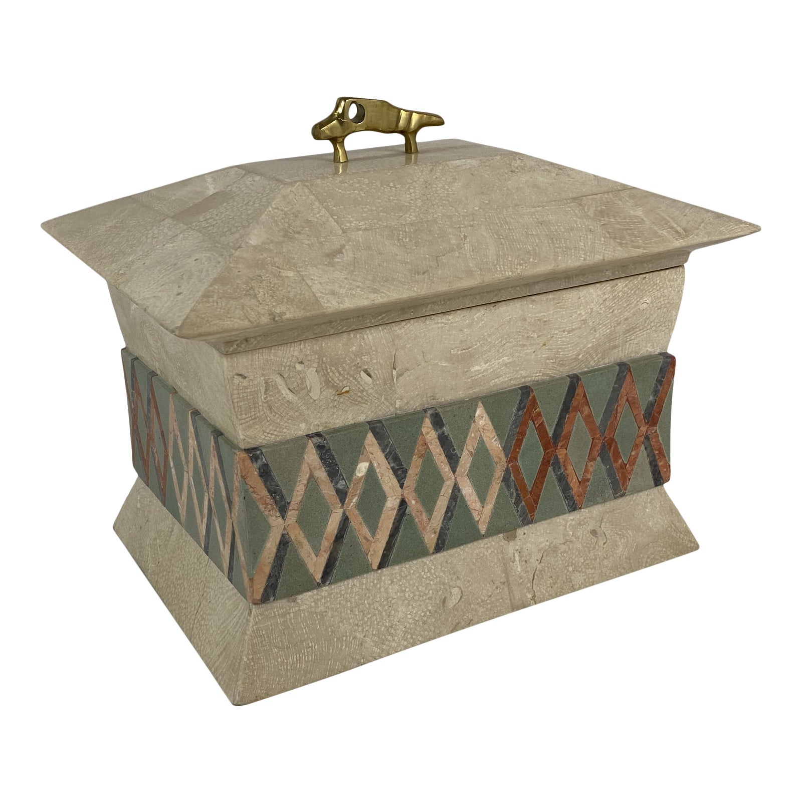 Inlaid Stone Box With Inlay Pattern and Brass Handle | Chairish