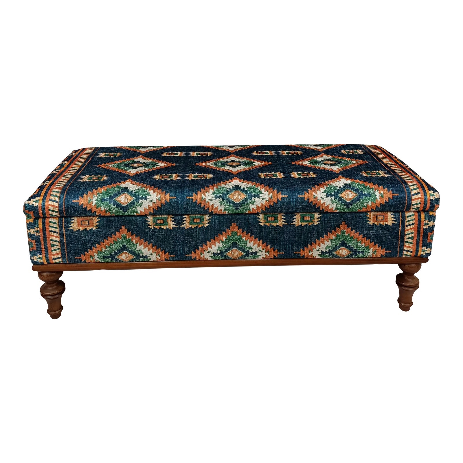 Diamond Pattern Rug Print Fabric Upholstered Navy Storage Ottoman Bench ...