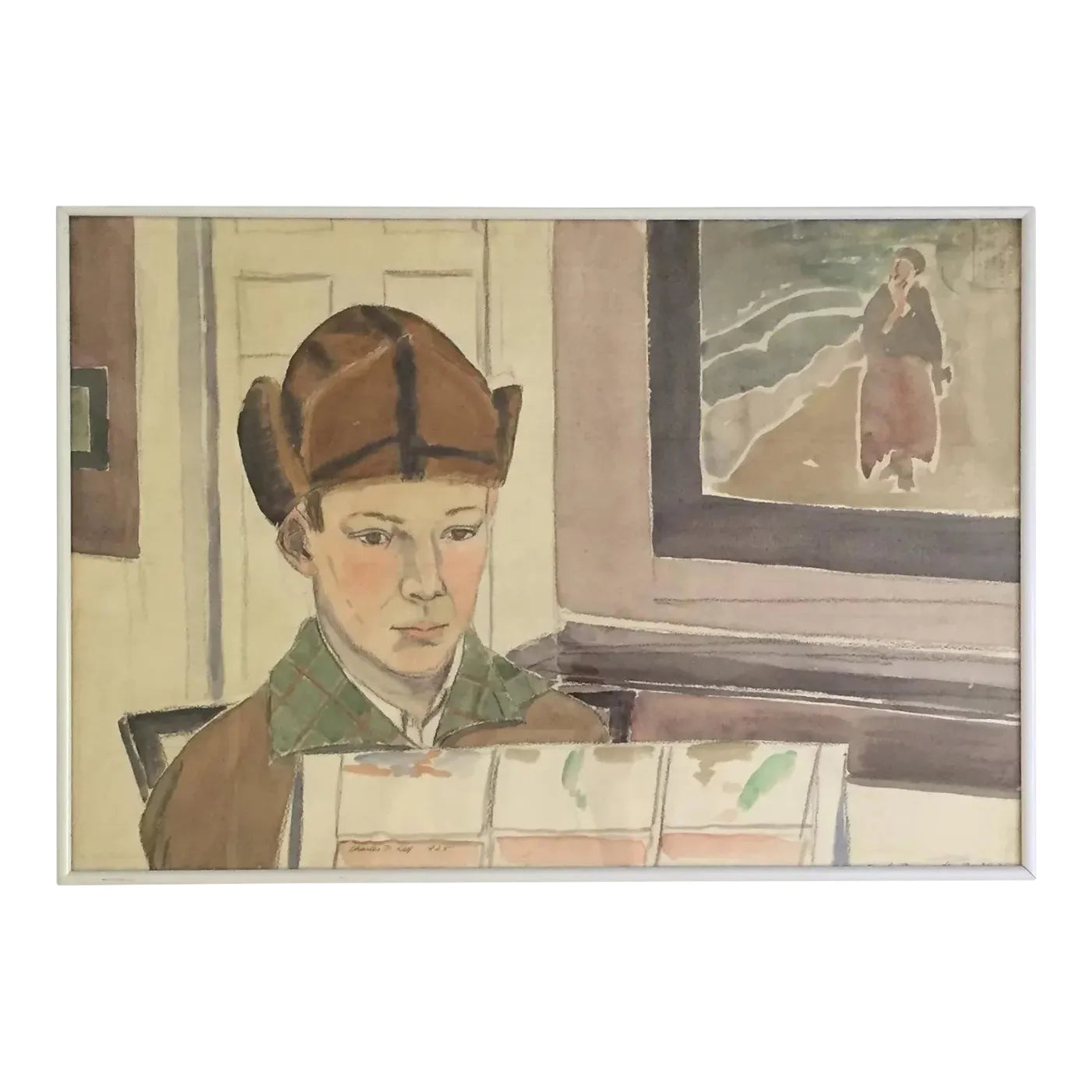 1925 Watercolor Painting Portrait of His Son at Christmas by Charles ...