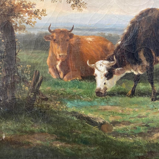 French Realist Oil on Canvas Cow, Goat Livestock Pastoral Painting ...