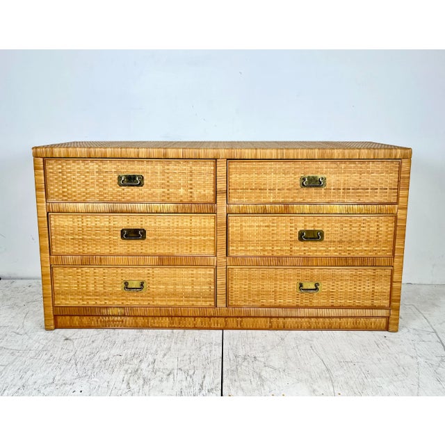 Vintage Woven Cane Wrapped Campaign Style Dresser | Chairish
