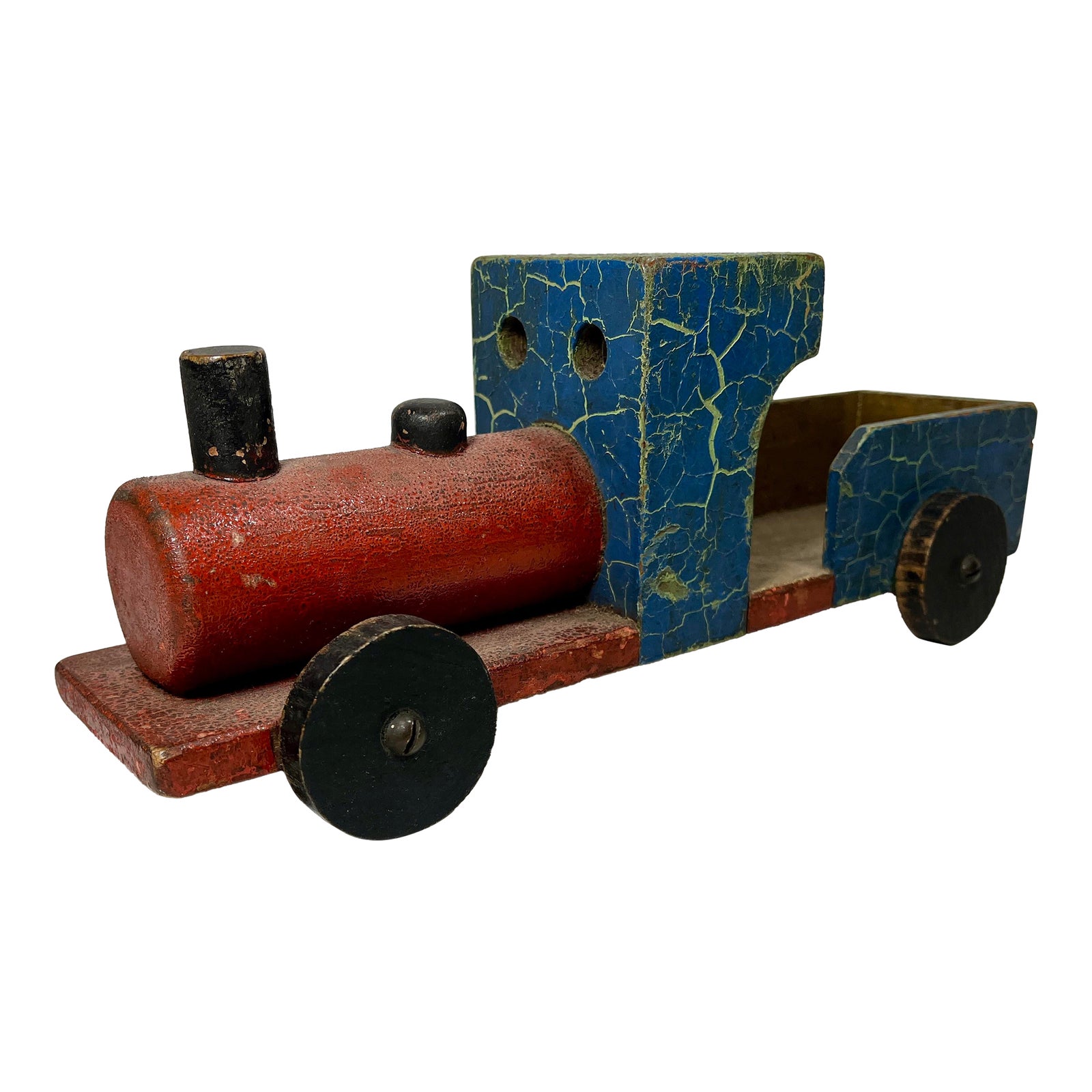 Vintage Handcrafted Red & Blue Wooden Locomotive Train Engine Children ...