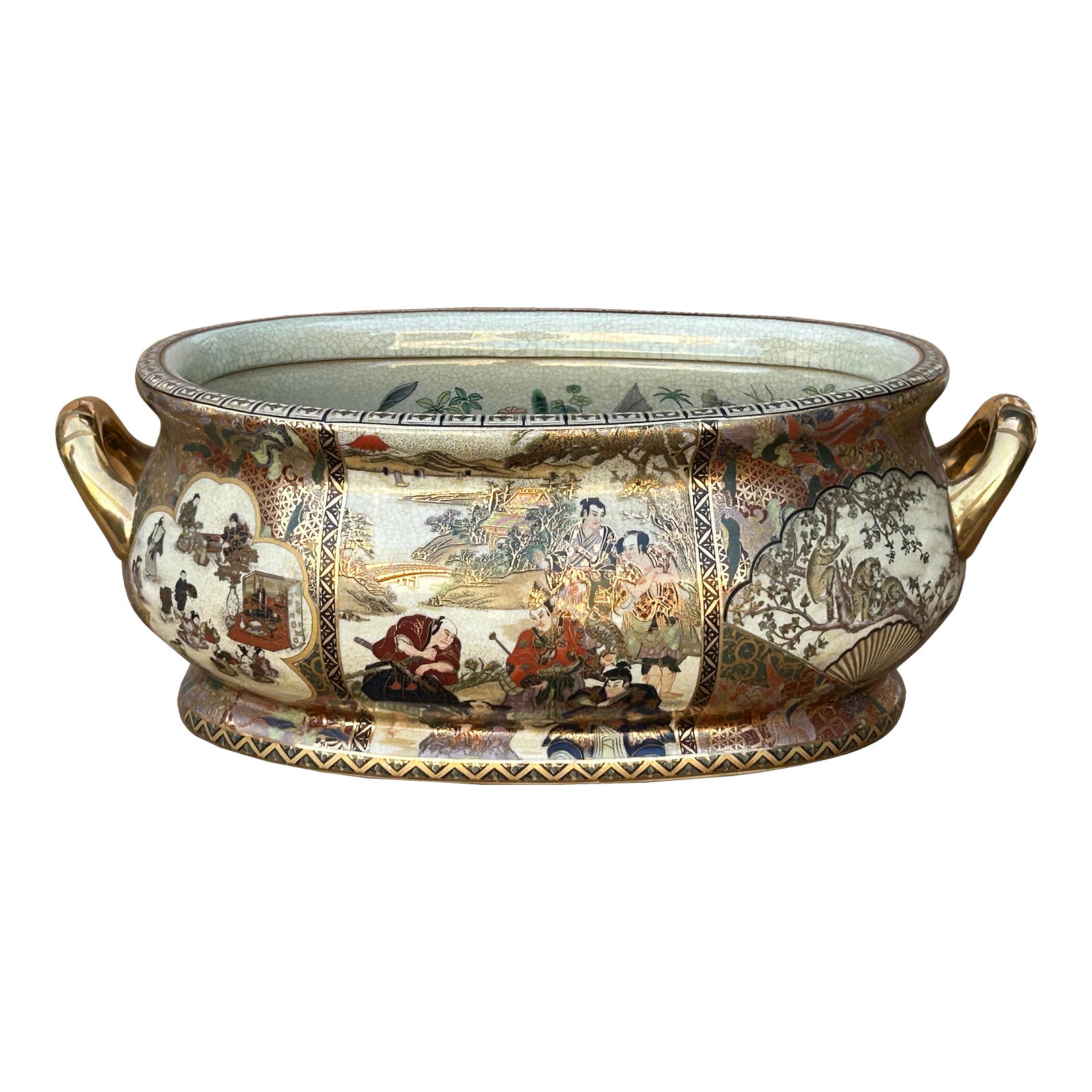 Porcelain Canton White Golden Famille Color People Scenery Oval Pot ...