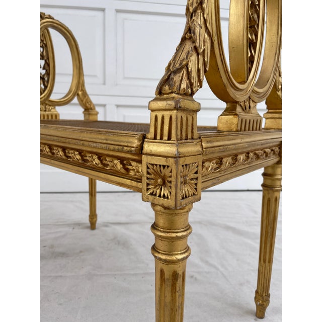 Antique French Louis XVI Carved Gilded Wood and Cane Bench | Chairish