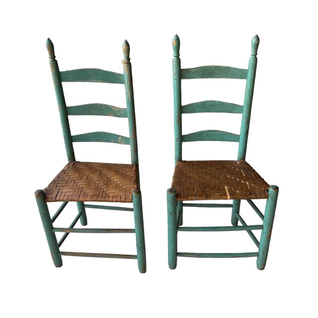 Pair of 19th Century Primitive Turquoise Ladder Back Chairs With Flat ...
