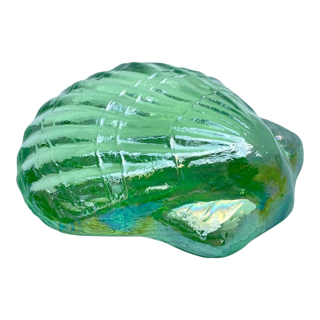 Coastal Green Iridescent Glass Clam Shell Paper Weight | Chairish