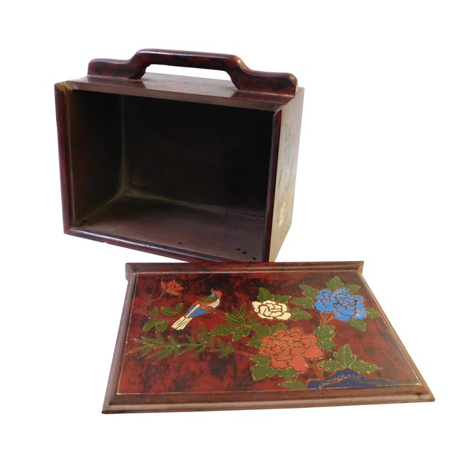 Brown Lacquer Wood Box With Colorful Graphic | Chairish