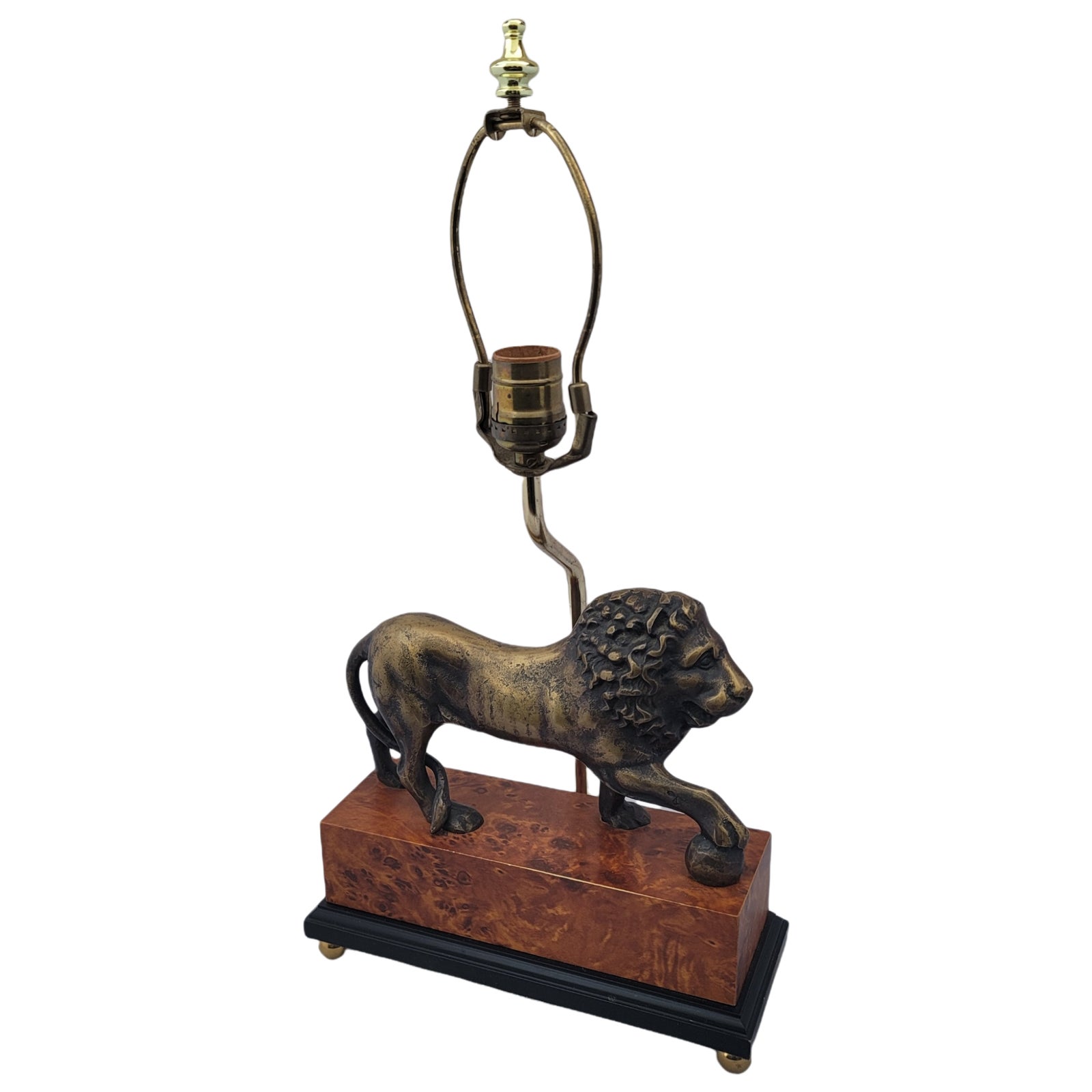 Late 20th Century Sculpted Brass Lion Table Lamp on Faux Burlwood Base ...
