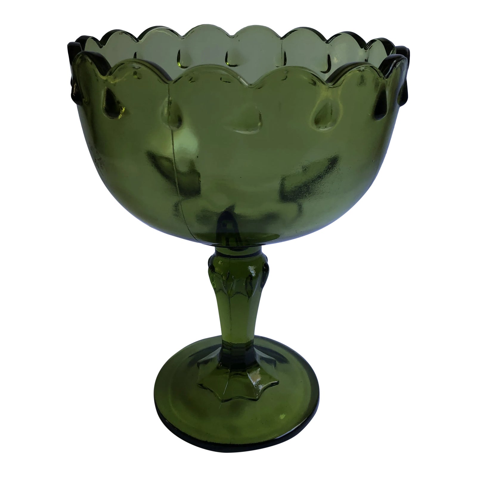 Mid Century Avocado Green Glass Compote | Chairish