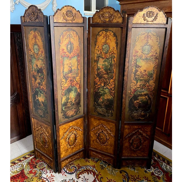 1900s Ancient Folding Wooden Screen Painted With Bucolic Scenes | Chairish