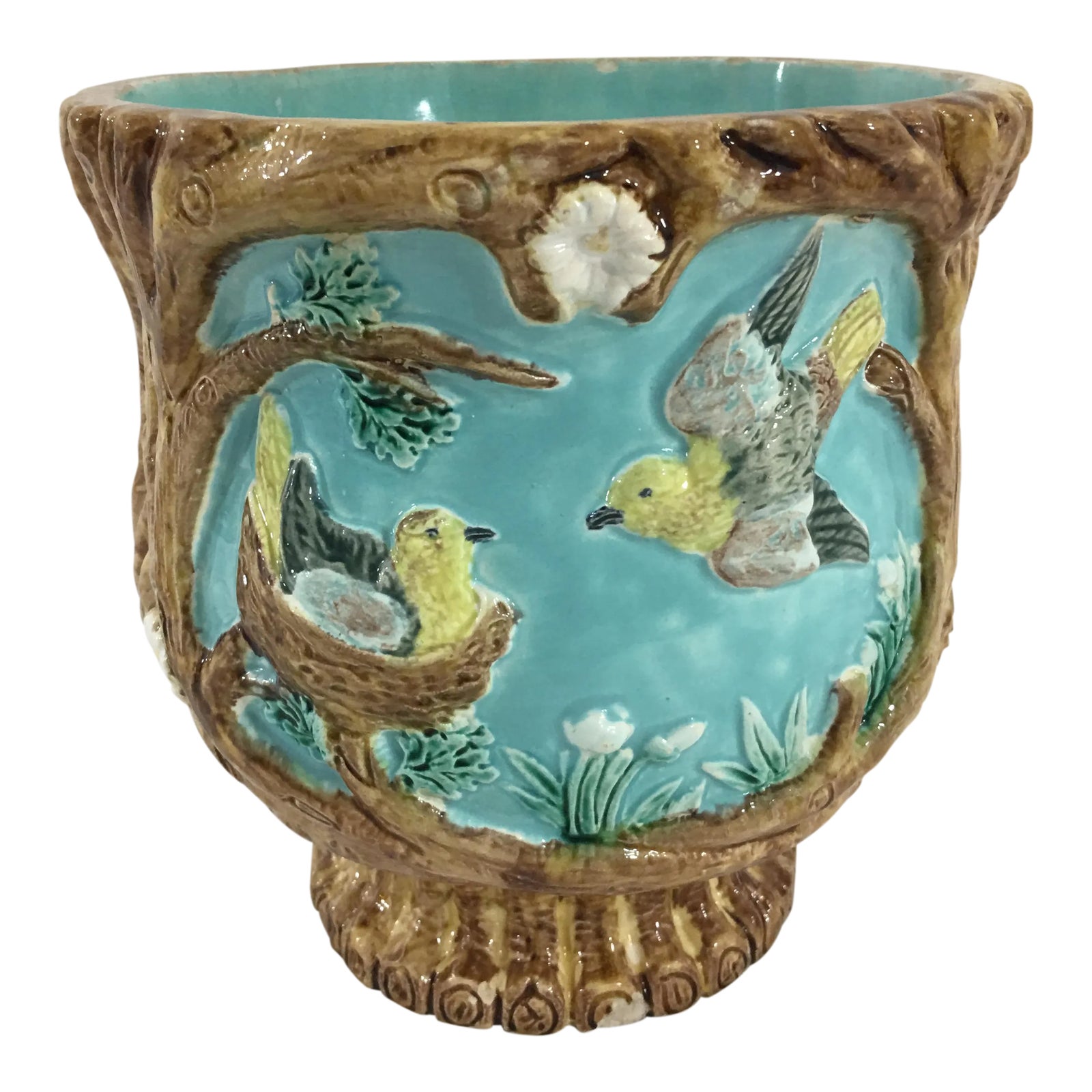 French Majolica Cachepot With Birds and Nests | Chairish