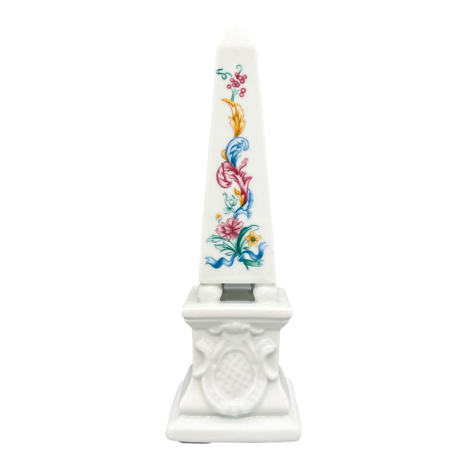 Vintage White Ceramic Obelisk With Colorful Floral Pattern | Chairish