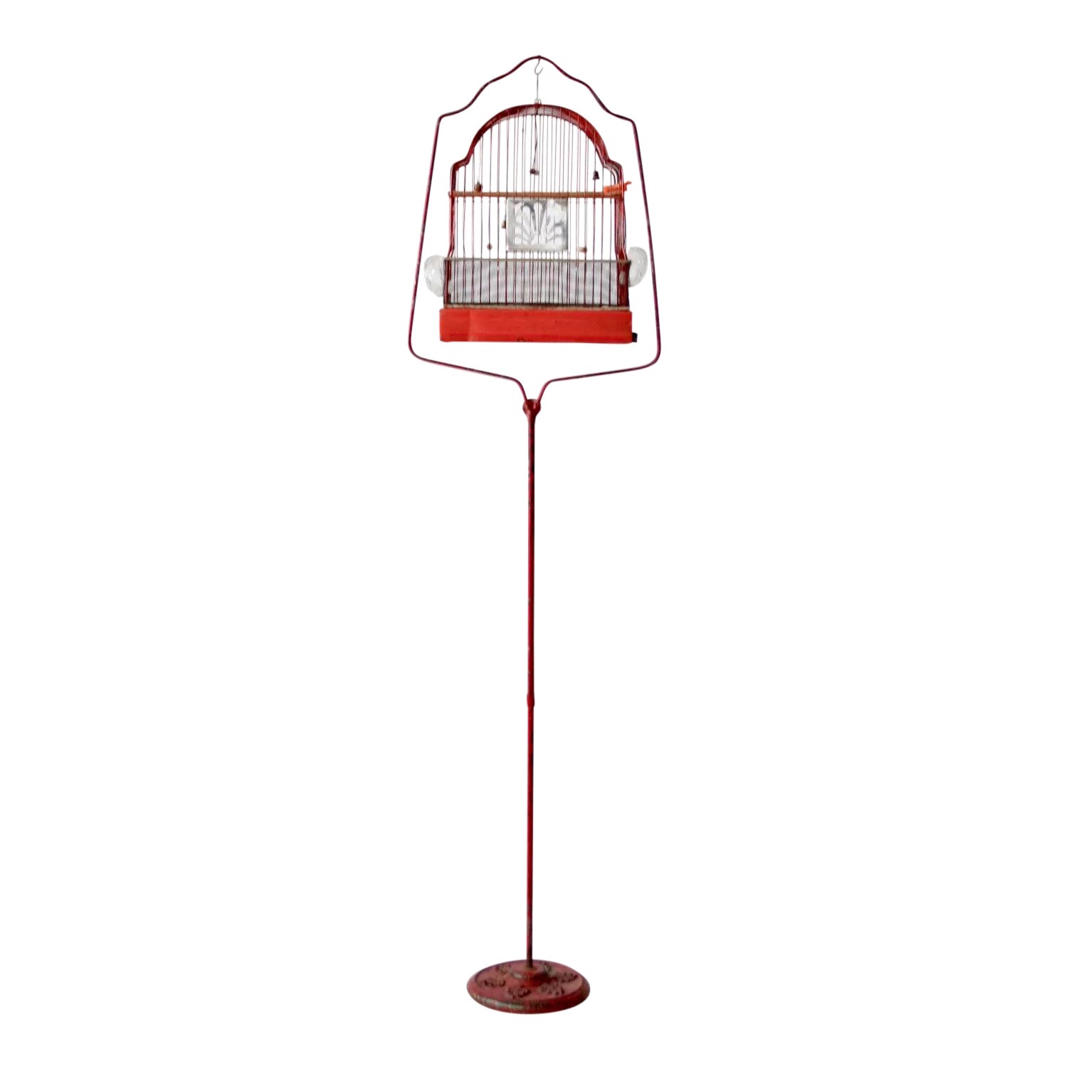 Antique Red Bird Cage with Cast Iron Stand | Chairish