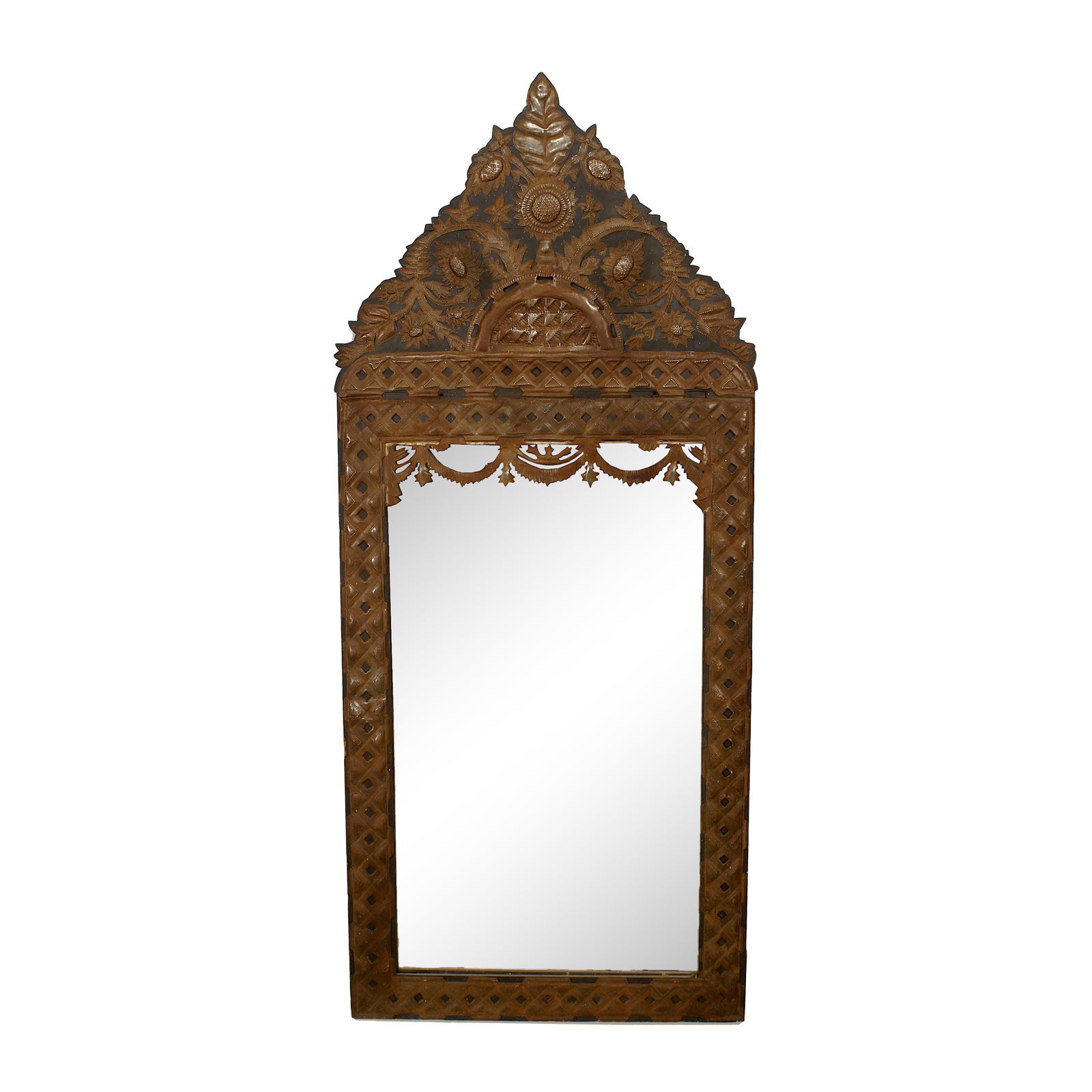 1920s Mexican Stamped Metal and Ebonized Wood Wall Mirror | Chairish