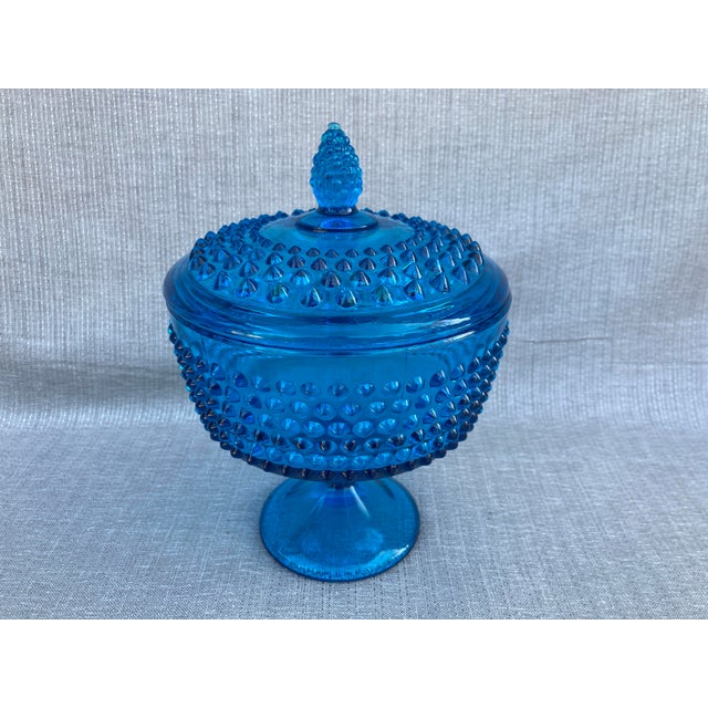 Vintage L E Smith Turquoise Blue Glass Hobnail Covered Dish | Chairish