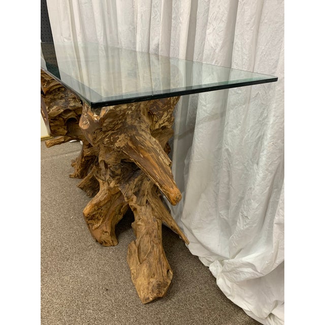 Coastal Teak & Glass Top Console Table | Chairish
