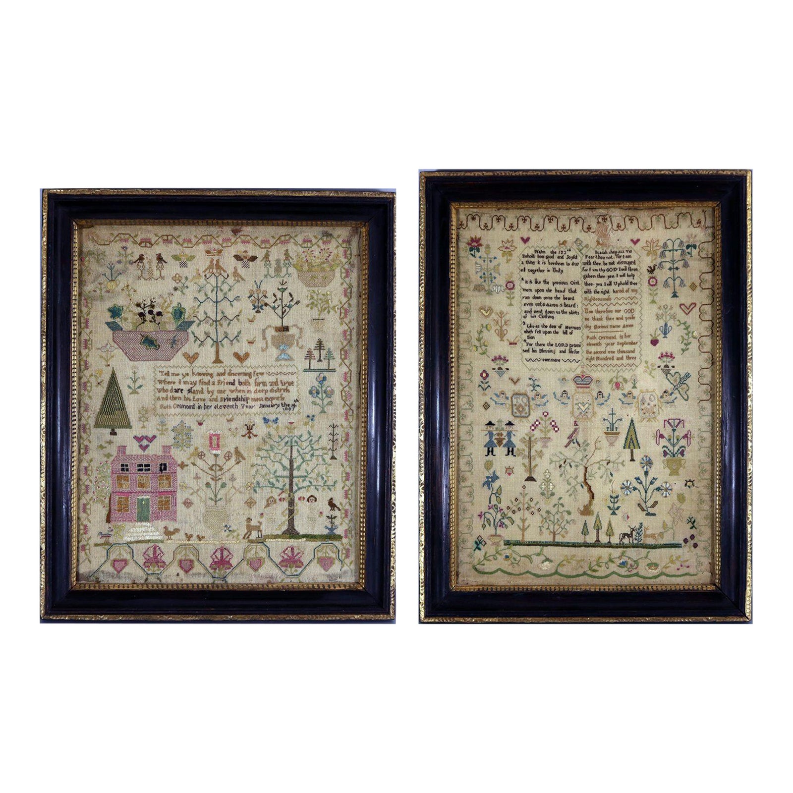 Pair Antique Samplers, 1803, by Ruth Orsmond | Chairish