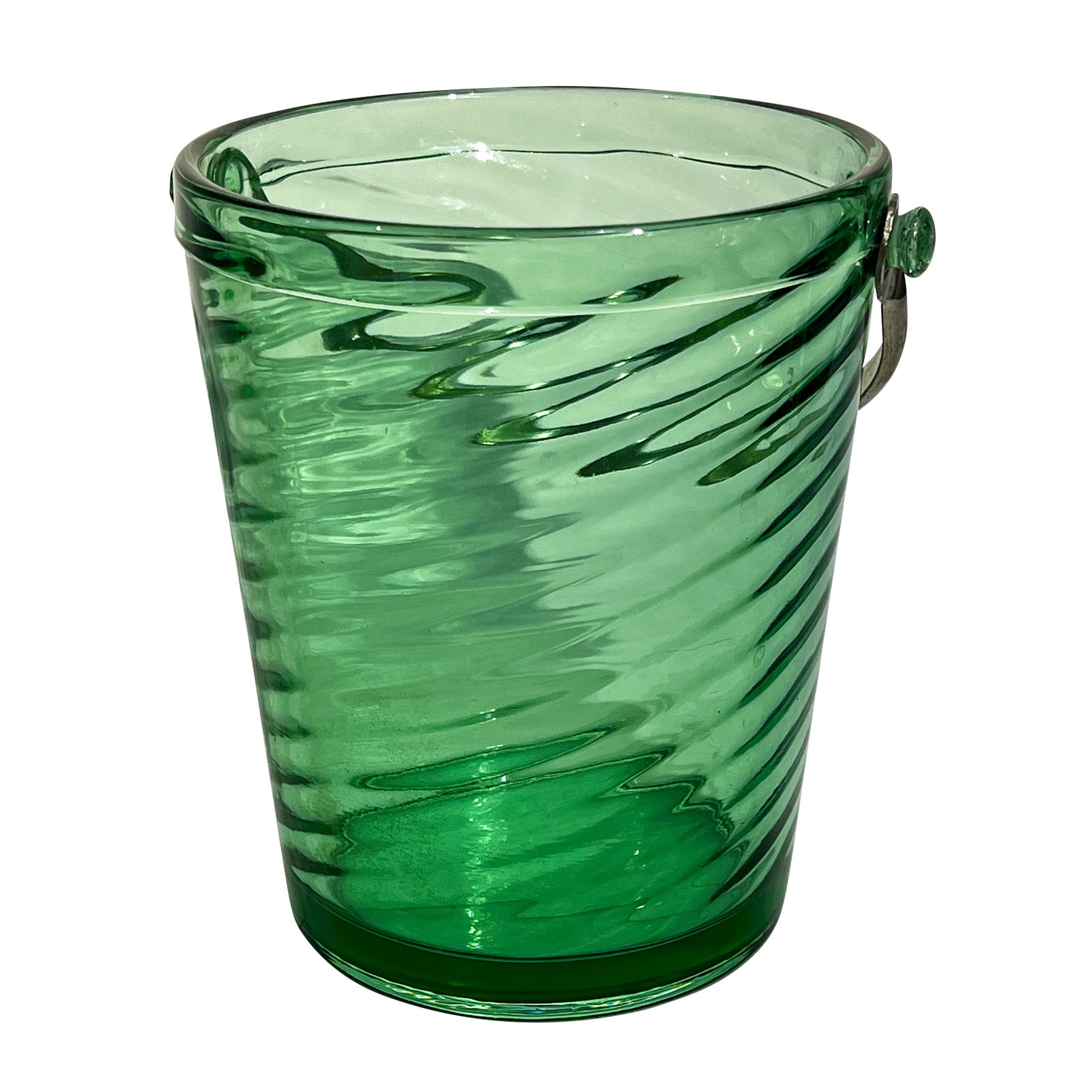 Mid Century Green Glass Optic Swirl Ice Bucket With Stainless Handle ...