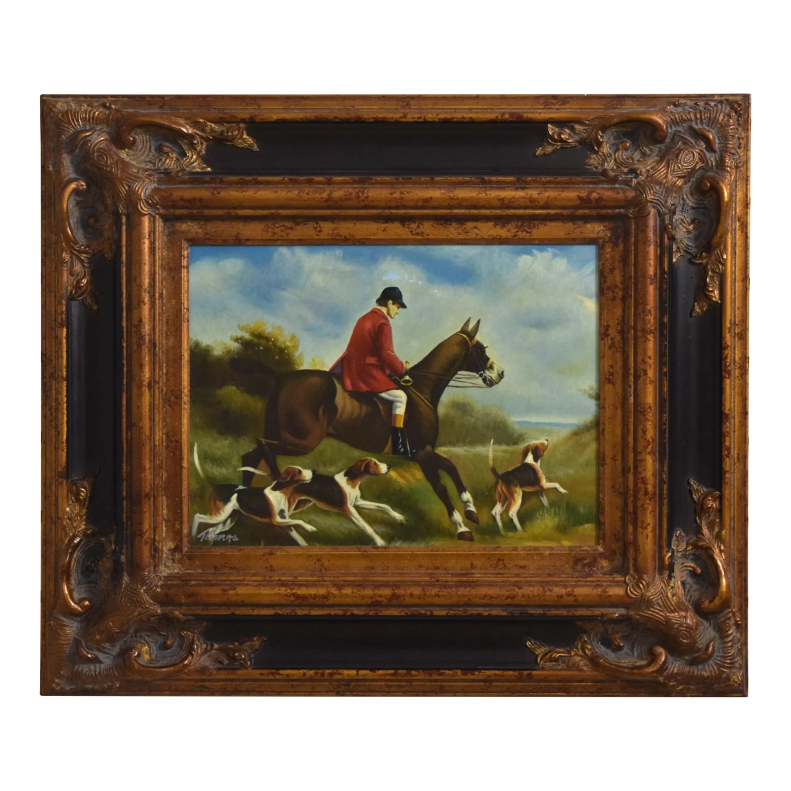 English Hunt Scene Artist Signed Oil Painting on Canvas | Chairish